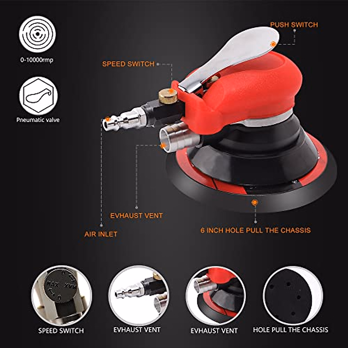 ZFE Random Orbital Sander 5" & 6" Pneumatic Palm Sander with Extra 5" Backing Plate, Sponge Polishing Pads, Sandpapers Low Vibration and Heavy Duty for Wood, Composites, Metal