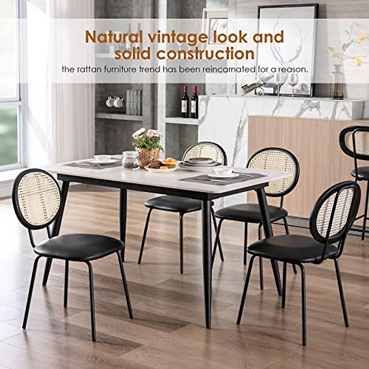 Jaxsen Faux Leather Indoor Kitchen Dining Chairs Set of 4 with Rattan Backrest, Modern Industrial Upholstered Chairs mid Century Metal Dining Chair Suitable for Dining Room Wine Coffee Bar, Black,18"