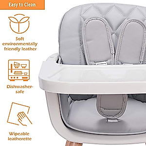 3-in-1 Convertible Wooden High Chair,Baby High Chair with Adjustable Legs & Dishwasher Safe Tray, Made of Sleek Hardwood & Premium Leatherette, Mid Grey