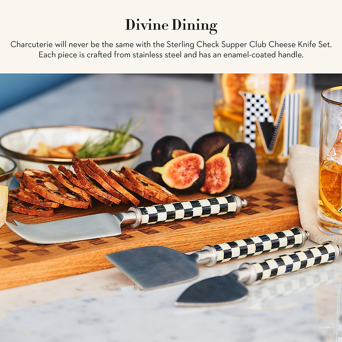 MACKENZIE-CHILDS Supper Club Cheese Knife Set, Stainless-Steel Cheese Slicers, Charcuterie Accessories, Set of 3, Gray-and-White Sterling Check