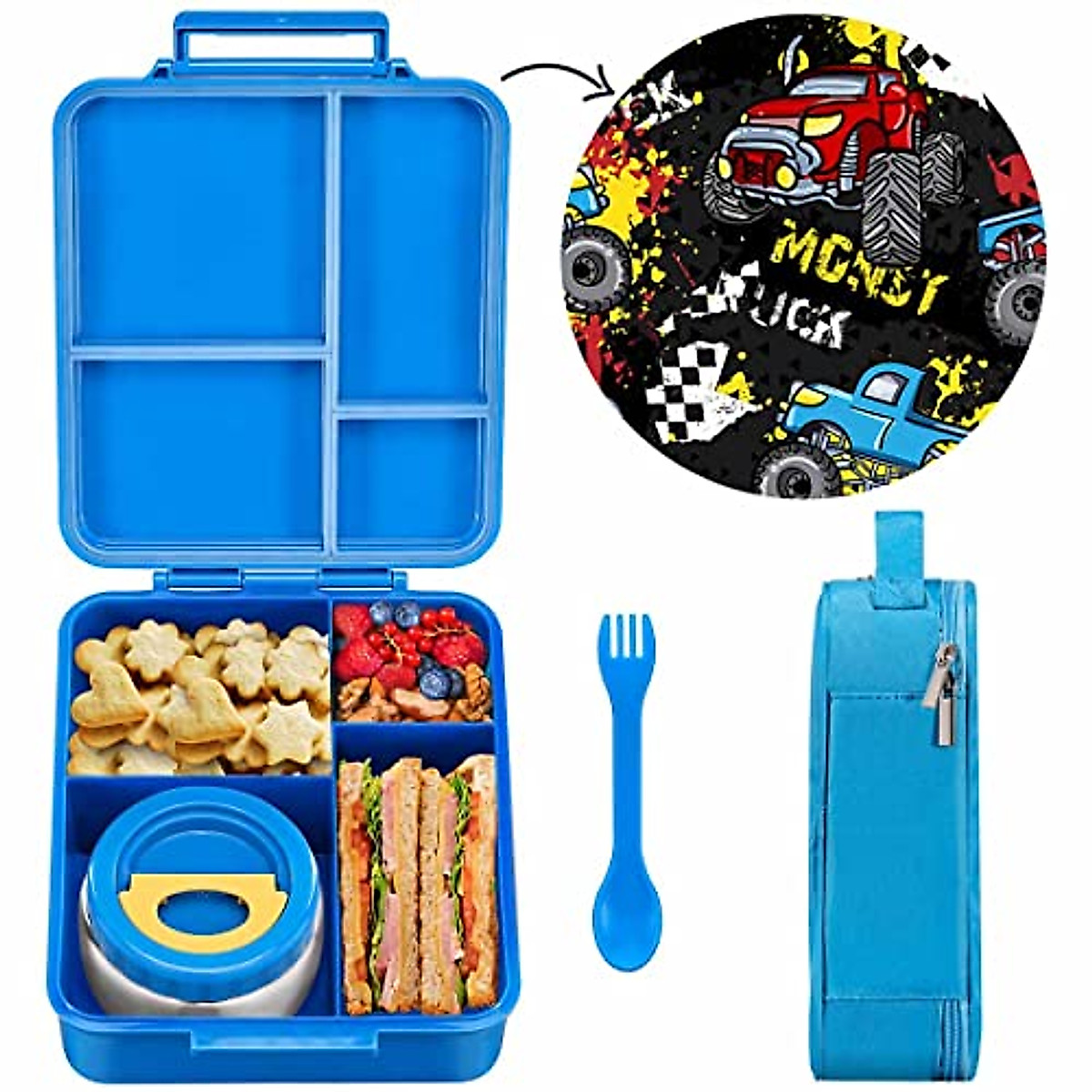 MAISON HUIS Bento Lunch Box for Kids With 8oz Soup Thermo, Leakproof Lunch Compartment Containers with 4 Compartment Bento Box, Thermo Food Jar and Lunch Bag, BPA Free,Travel, School(Monster Truck)