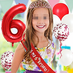 6th Birthday Decorations for Girls, Birthday Princess Crown Queen Tiara, It's My 6th Birthday Sash, 6 Year old Birthday Cake Topper, Number Candles Balloons Set for Birthday Party Supplies, Red