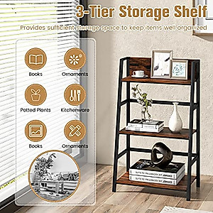 Tangkula 3-Tier Ladder Bookshelf, Industrial Wooden Bookcase w/Metal Frame, Anti-Toppling Device, Freestanding Display Shelf Plant Stand, Storage Rack for Home Office Living Room Kitchen (2, 3-Tier)
