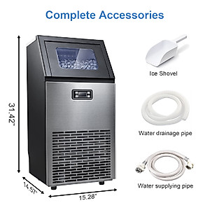 Kismile Commercial Ice Maker Machine,100Lbs/Day,45 Cubes/Batch in 11-20 Mins,Stainless Steel Freestanding Ice Maker with 2 Self-Cleaning,Water Inlet Modes for Home/Restaurant/Bar/Cafe