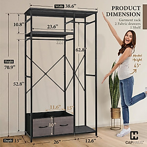 CAPHAUS 550lbs Capacity Garment Rack for Hanging Clothes, Heavy Duty Metal Open Wardrobe w/Hanging Rods & Drawers, Free Standing Closet Organizer, Metal Closet w/Wooden Boards, Black Vintage Board