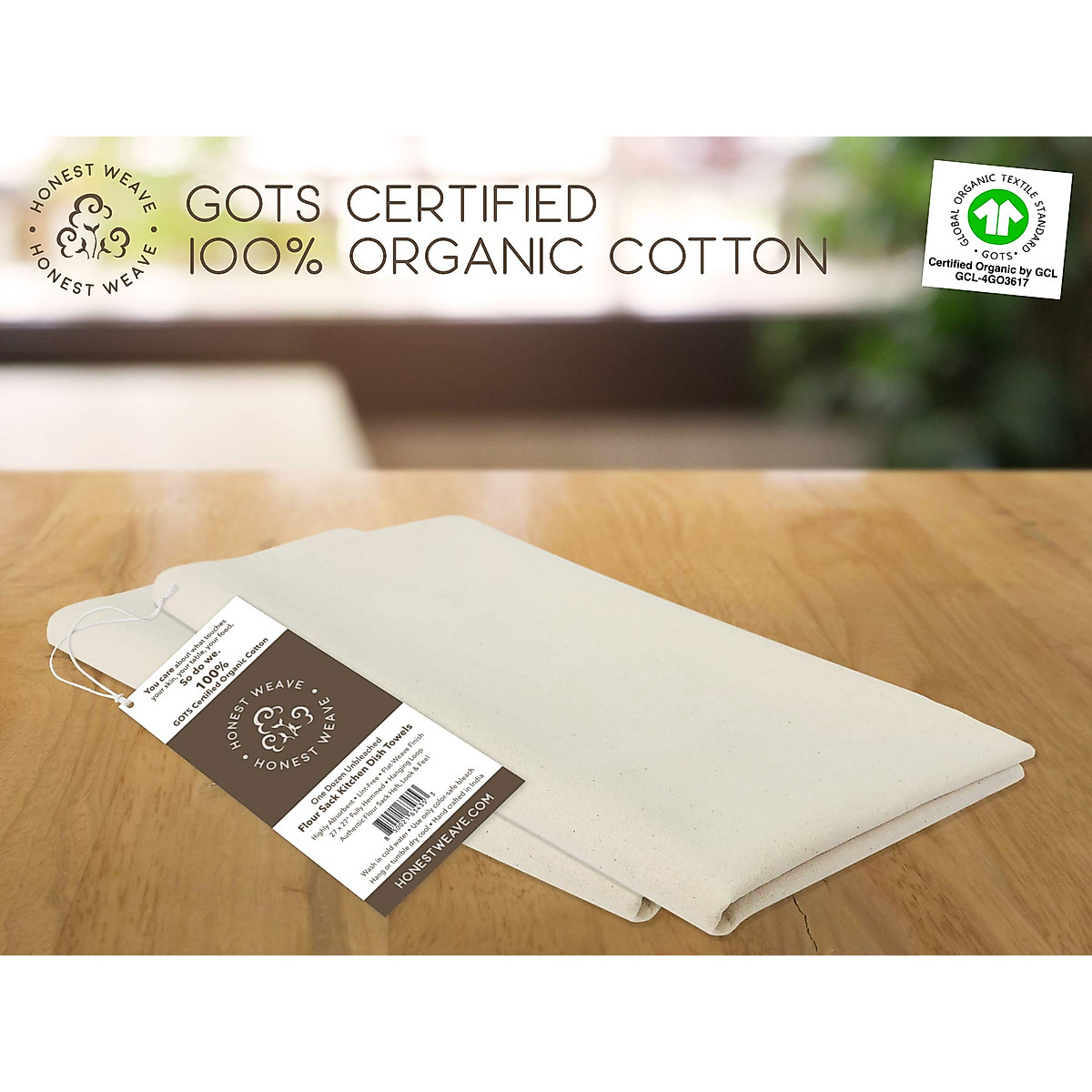 HONEST WEAVE GOTS Certified 100% Organic Flour Sack Cotton Kitchen Hand and Dish Towel Sets - Extra Large 27x27 inches, Fully Hemmed, 12-Pack, Natural Tan
