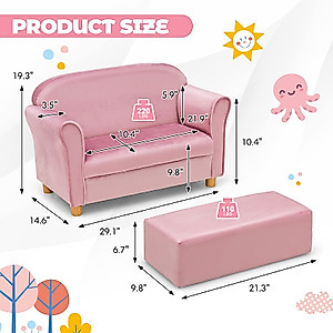 INFANS Kids Sofa with Ottoman, 2 Seat Toddler Upholstered Couch, Children Armrest Chair Lounge for Nursery Kindergarten Kids Room Boys Girls, Sturdy Wood Construction Velvet Surface (Pink, 2 Seats)