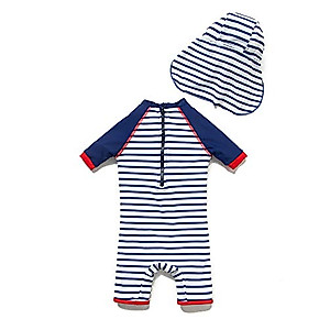 BONVERANO Kids UPF 50+ Sun Protection S/S One Piece Zip Sun Suit with Sun Hat (12-18 Months, Captain)