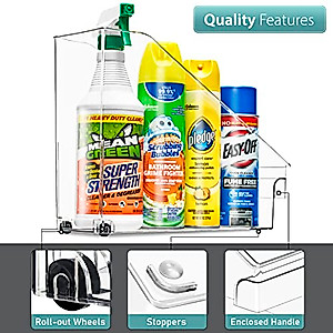 Sorbus Roll Out Bottle Organization Bins - Pantry Under Sink Organizer with Wheels & Handles, Clear Plastic Organizing Containers for Bottles & Cleaning Supplies - Kitchen Cabinet Laundry Room Storage