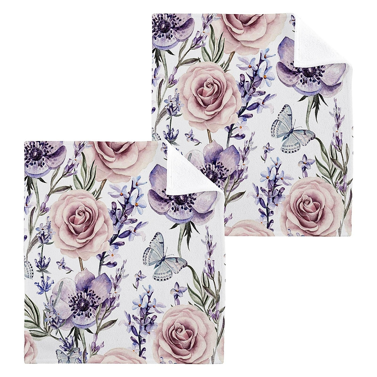 FUGIDOG Watercolor Lavender Rose Washcloths Set of 2-12 X 12 Inch Highly Soft & Absorbent Cotton Wash Cloths Face Towel Bath Hand Towels for Bathroom Spa Gym Kitchen