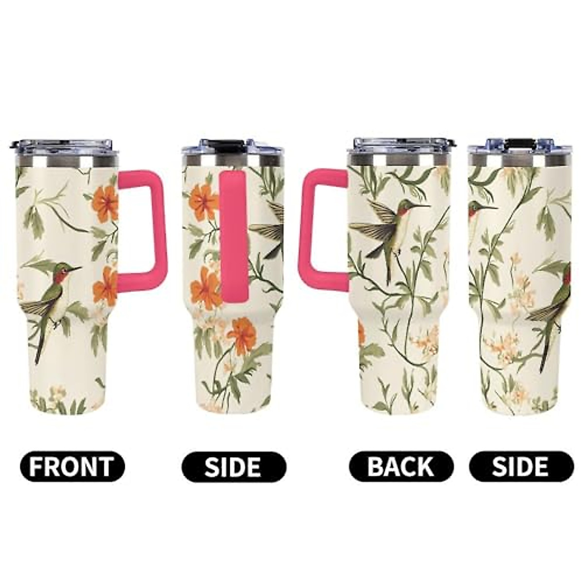 Hummingbirds Flowers 40 Oz Stainless Steel Cup Travel Tumbler with Handle and Straw Lightweight Coffee Mug for Home Office