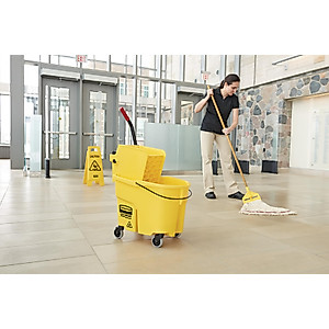 Rubbermaid Commercial Products, WaveBrake - Commercial Industrial Mop Bucket with Side-Press Wringer Combo on Wheels, 35 Quart, Yellow