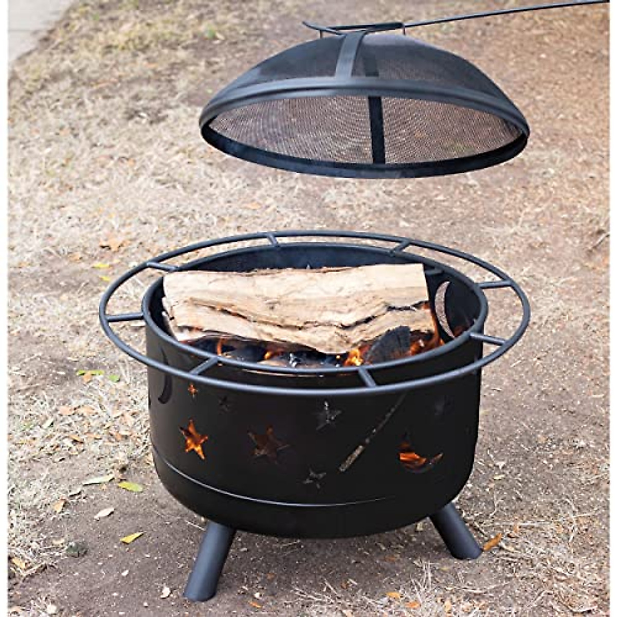 BIRDROCK HOME 30" Round Patio Fire Pit with Cover - Stars & Moon Pattern - 30 - Outdoor Backyard Lawn Garden - Light Weight Metal Fire Ring - 4 Roasting Sticks - Lid Lift Tool and Fire Poker