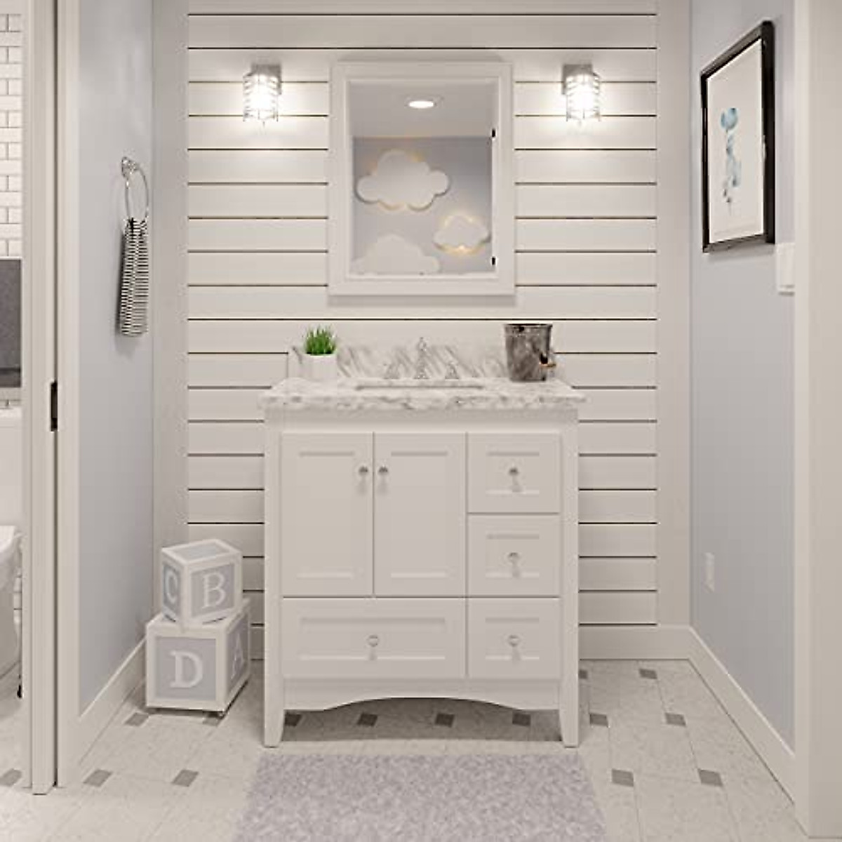 Abbey 36-inch Bathroom Vanity (White/Carrara Marble): Includes White Cabinet with Authentic Italian Carrara Marble Countertop and White Ceramic Sink