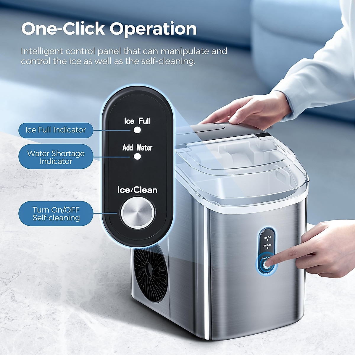 AGLUCKY Nugget Ice Maker Countertop, Portable Pebble Ice Maker Machine, 35lbs/Day Chewable Ice, Self-Cleaning, Stainless Steel, Pellet Ice Maker for Home/Kitchen/Office (Silver)