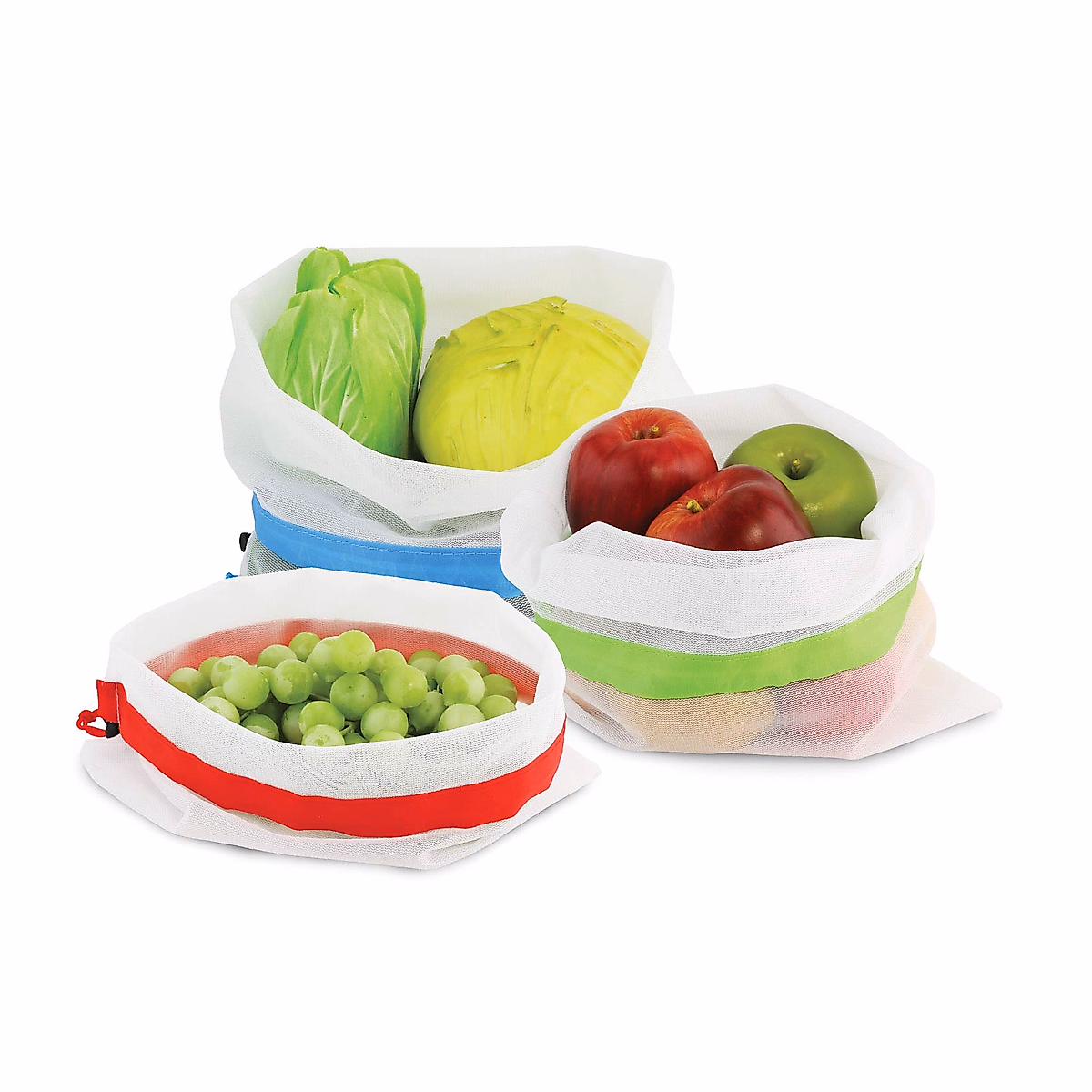 Reusable Produce Bags (Set of 6) Machine washable Breathable mesh design - Transport, Store & Organize Fruits and Vegetables | Color-Coded, Washable, Durable