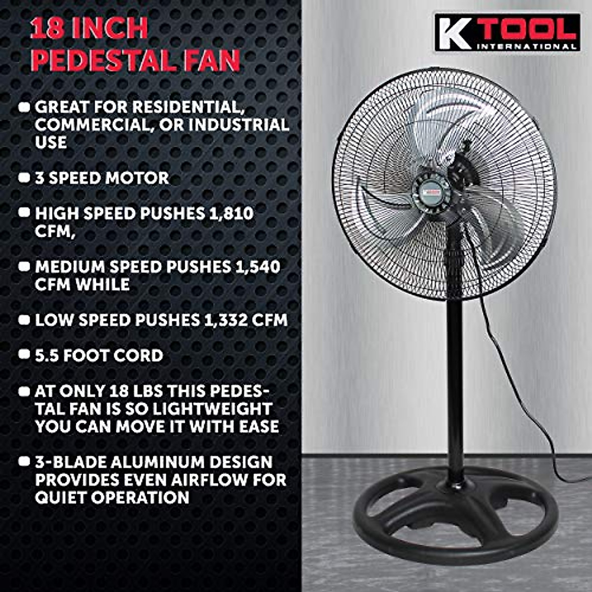 K Tool International 77733; 18 Inch Pedestal Fan; For Commercial and Residential Use, 3 Speed Motor, Wide Fan Blades Designed for Quiet Operation, Adjustable Height Pedestal, 1,810 Max CFM, Black