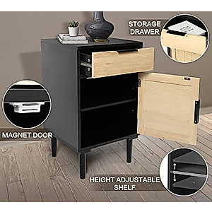 LAZZO Set of 2 Tall Nightstands Wooden Night Stands with Drawer and Shelf Storage Cabinet Home Bedside Table for Bedroom (Drawer+Rattan Cabinet Door)