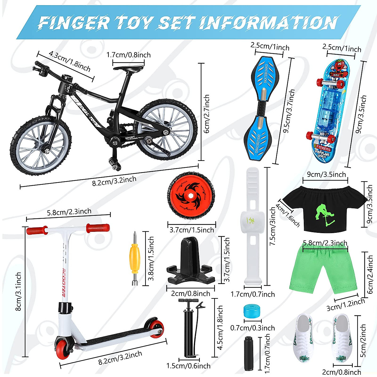 Hanaive 45 Pcs Mini Finger Toys Gift Finger Skateboards Bike Scooter Mini Skate Board Finger Tops Pants Shoes Finger Knee Pads Wheels Tools for Boys Girls Party Favors