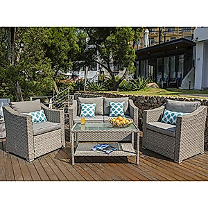 COSIEST 4-Piece Patio Furniture Sectional Sofa All-Weather Outdoor Wicker Conversation Set w Warm Gray Cushions, Glass Coffee Table, 4 Teal Pattern Pillows for Deck, Backyard, Pool