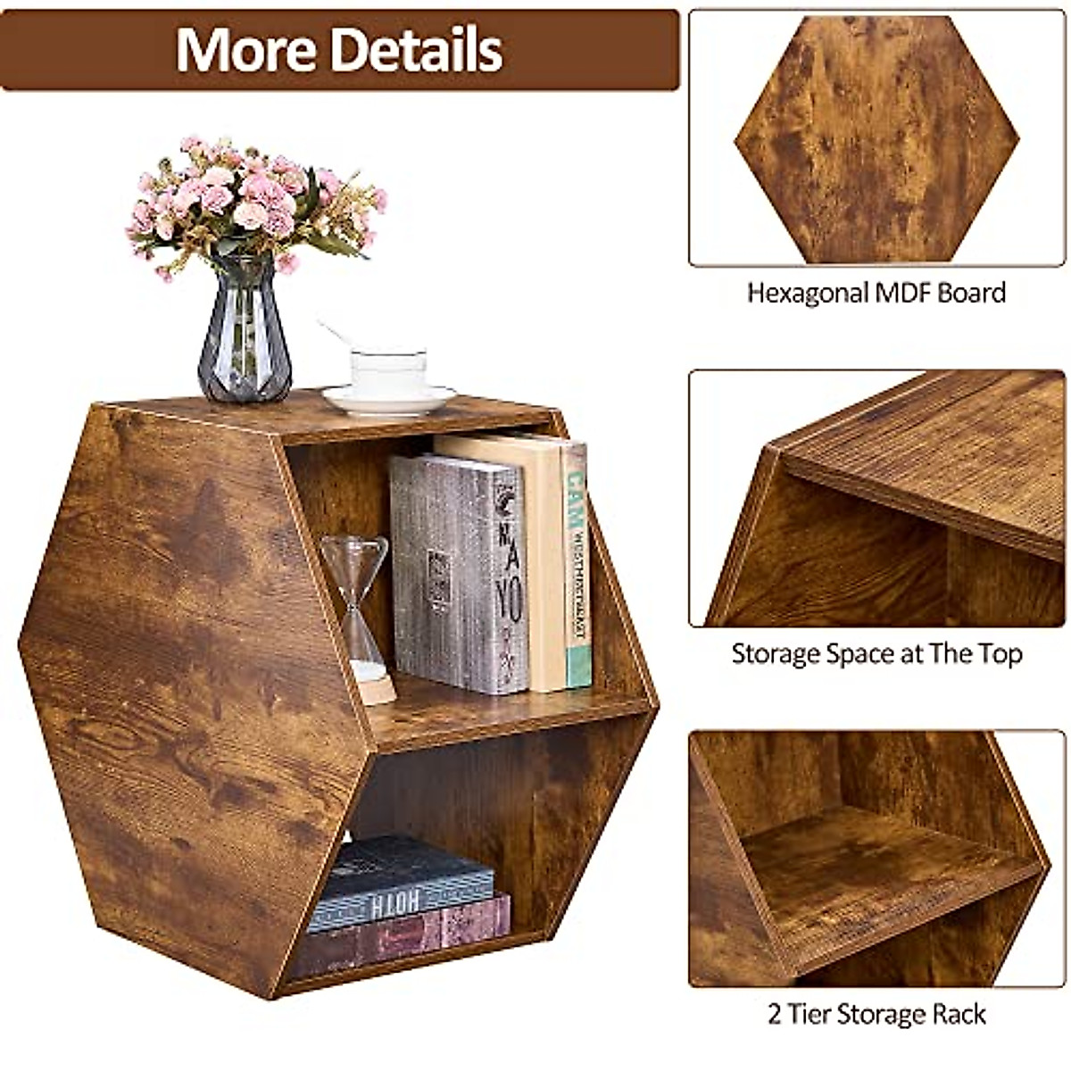 BEWISHOME Hexagonal Small Coffee Table with Open Storage, Multifunctional Faceted Top End Table, Natural Wood Modern Nightstand Brown for Living Room Bedroom and Home Office KLZ03Z