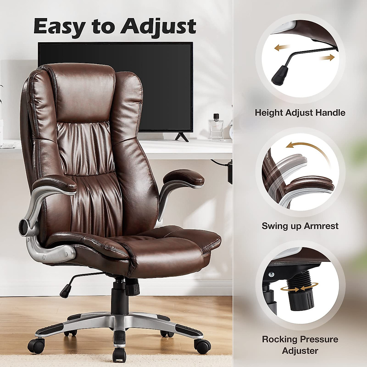Big and Tall Office Chair Ergonomic Desk Chair with Arms Adjustable Height High Back Lumbar Support Computer Chair Comfortable Leather Brown Executive Chair