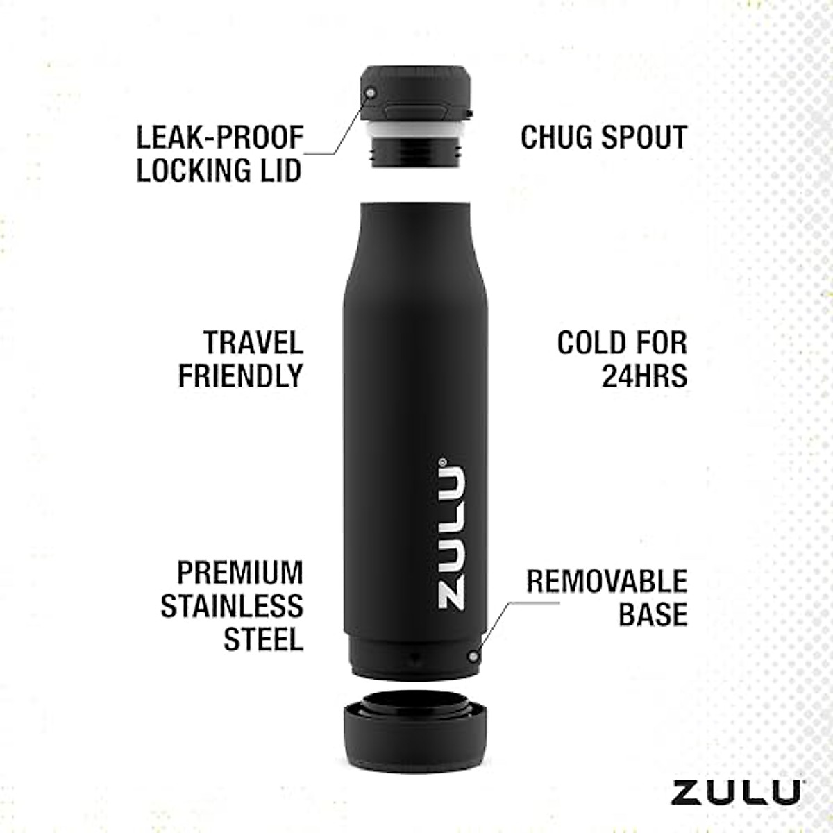 Zulu Ace 24oz Vacuum Insulated Stainless Steel Water Bottle with Chug Spout | Leak-Proof Locking Lid and Removable Base |Reusable Bottle for Cycling Sports Gym Travel Bicycle Bottle Cage | Black