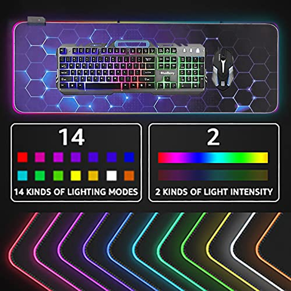 Speed RGB Gaming Mouse Pad, Non-Slip Rubber Base, Soft Glowing 14 LED Modes Gaming Desk Keyboard Pad Mat (6 : Blue Hexagon 78 x 30 Cm)