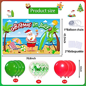 Christmas in July Party Decorations Large Photo Backdrop 38pcs latex balloons Mele Kalikimaka Christmas Summer Santa Banner for Outdoors Garden Party Supplies
