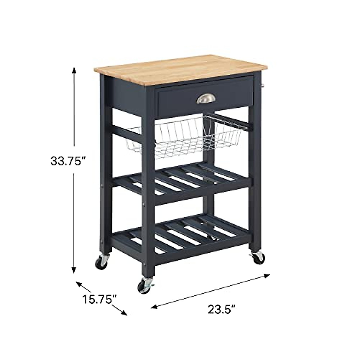 OS Home and Office Furniture Model HMPNW-70 Hampton Kitchen Cart in Blue with Solid Rubberwood Top