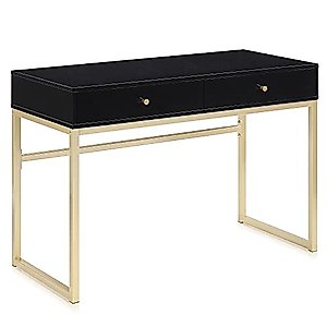 BELLEZE Modern 42 Inch Makeup Vanity Dressing Table or Home Office Computer Laptop Writing Desk with Two Storage Drawers, Wood Top, and Gold Metal Frame - Bronte (Black)