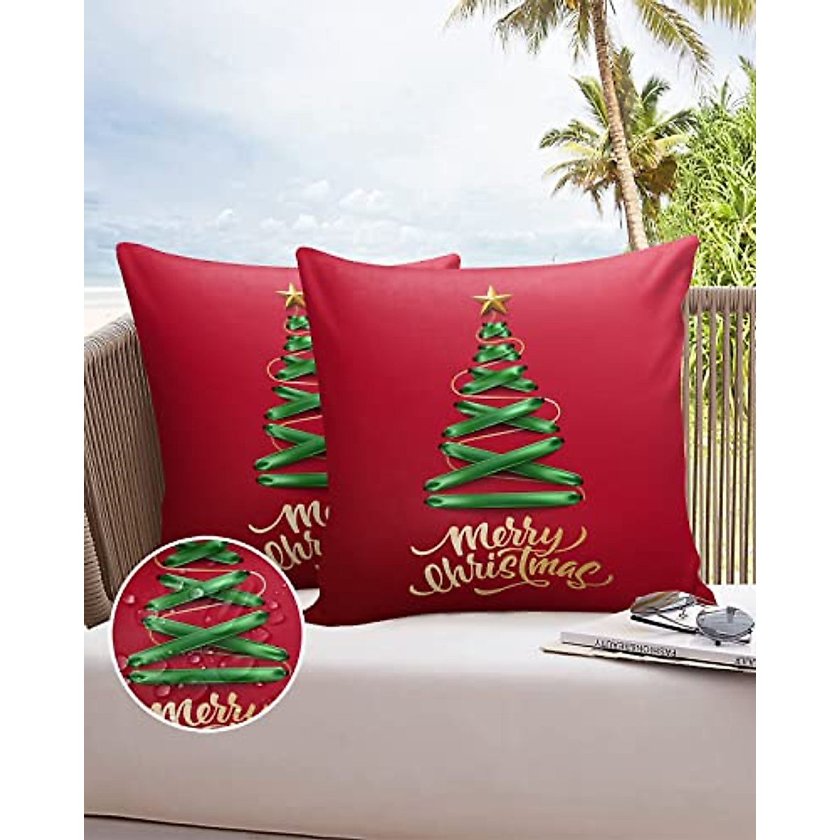 Outdoor Waterproof Throw Pillow Covers, Christmas Tree Furniture Decorative Throw Pillowcase Set of 2, Green Xmas Tree with Star Christmas Red Cushion Case for Patio Tent Couch 18x18 Inch