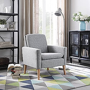 Lohoms Mid-Century Modern Accent Chair Fabric Upholstered Comfy Reading Arm Chair for Bedroom, Living Room Stuffed Seat Single Sofa Chair with Wood Legs - Grey