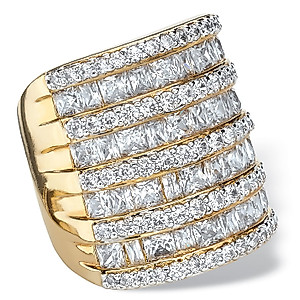 PalmBeach Jewelry Silvertone or Yellow Gold-Plated Princess Cut and Round Cubic Zirconia Channel Set Cocktail Ring Size 9