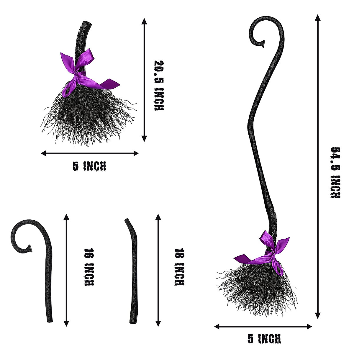 Poshetion Halloween Witch Broom with Ribbons for Kids and Adults, Wizard Flying Wicked Broomstick Props for Cosplay Party, Witch Decorations, Black