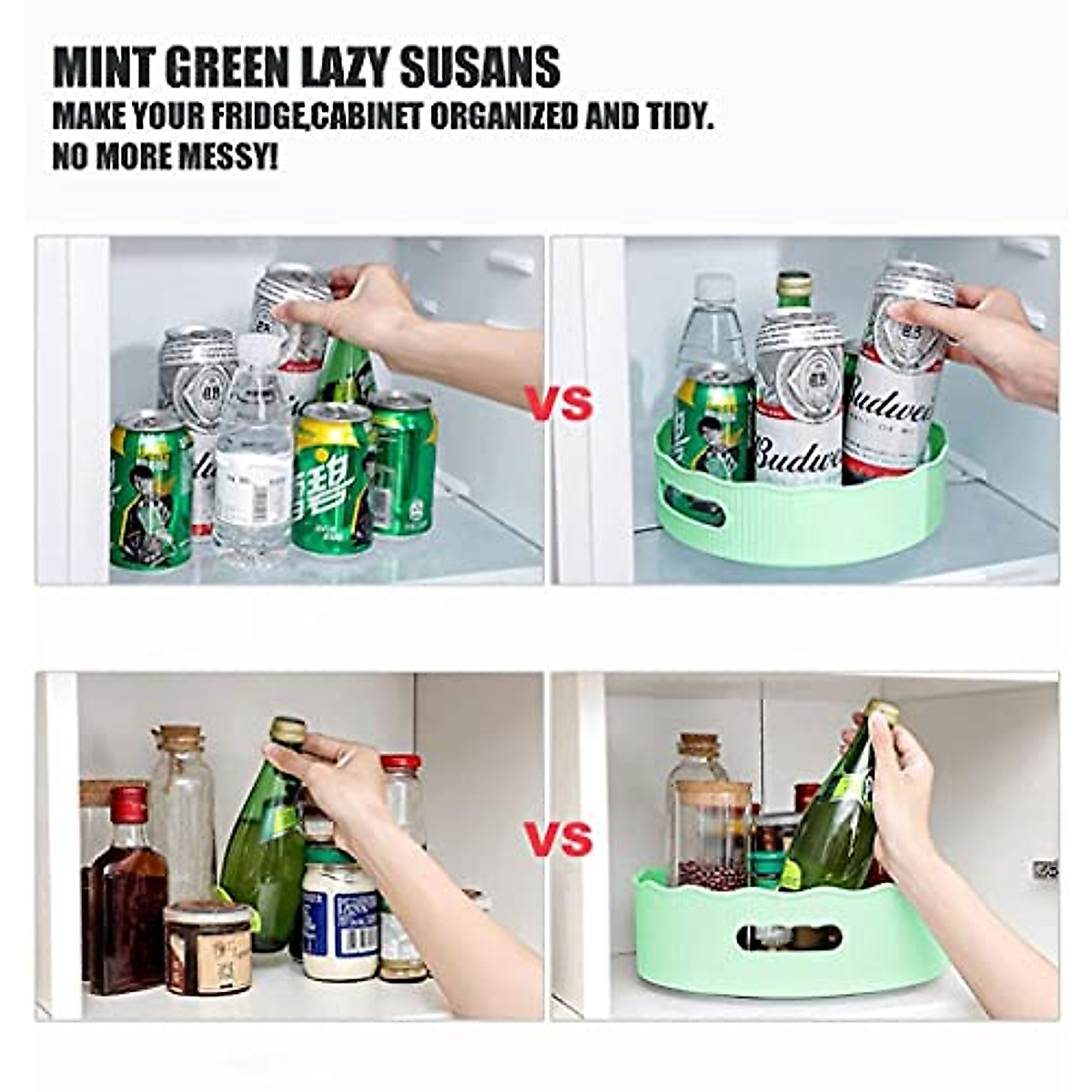 Lazy Susan Set of 2, Turntable Organizer Containers, Cabinet Pantry Organizer, Rotating Spice Rack for Kitchen, Fridge, Countertop, Bedroom, Home Office, Bathroom, Size 11.5" and 9.5"(Mint Green)