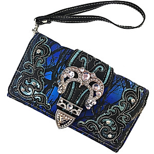 Justin West Camouflage Tree Branches Bling Rhinestone Cross Wings Buckle Crossbody Chain Messenger and Purse (Buckle Blue Handbag Wallet Set)