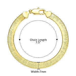 Wowshow Real Gold Plated Snake Chain Bracelet 7MM Flat Herringbone Chain Link Bracelet for Women