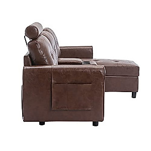 FANYE L-Shaped Corner Sectional Reversible Storage Chaise, Modern Convertible Sofa & Couch W/Headrest and Cupholders for Home Apartment Office Living Room, Brown PU Leather