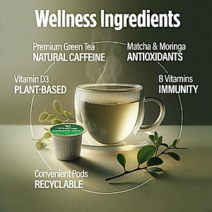 VitaCup Green Tea Pods, Enhance Energy & Detox with Matcha, Moringa, B Vitamins, D3, Keto, Paleo, Vegan, Recyclable Single Serve Pod, Compatible with Keurig K-Cup Brewers,16 Ct