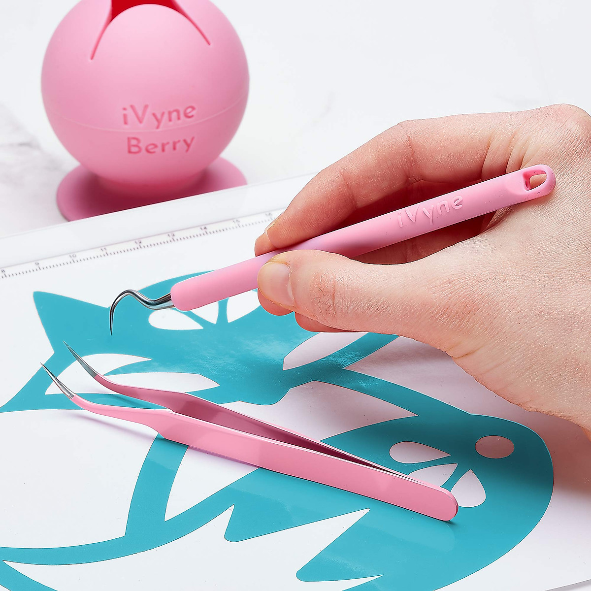 iVyne Berry and Silicone Weeding Tools for Vinyl, Suction Vinyl Weeding Scrap Collector Holder, Craft Tweezer, Weeder, Vinyl Weeding Tool Kit for Cricut, Silhouette Accessories Scrap Storage - Pink