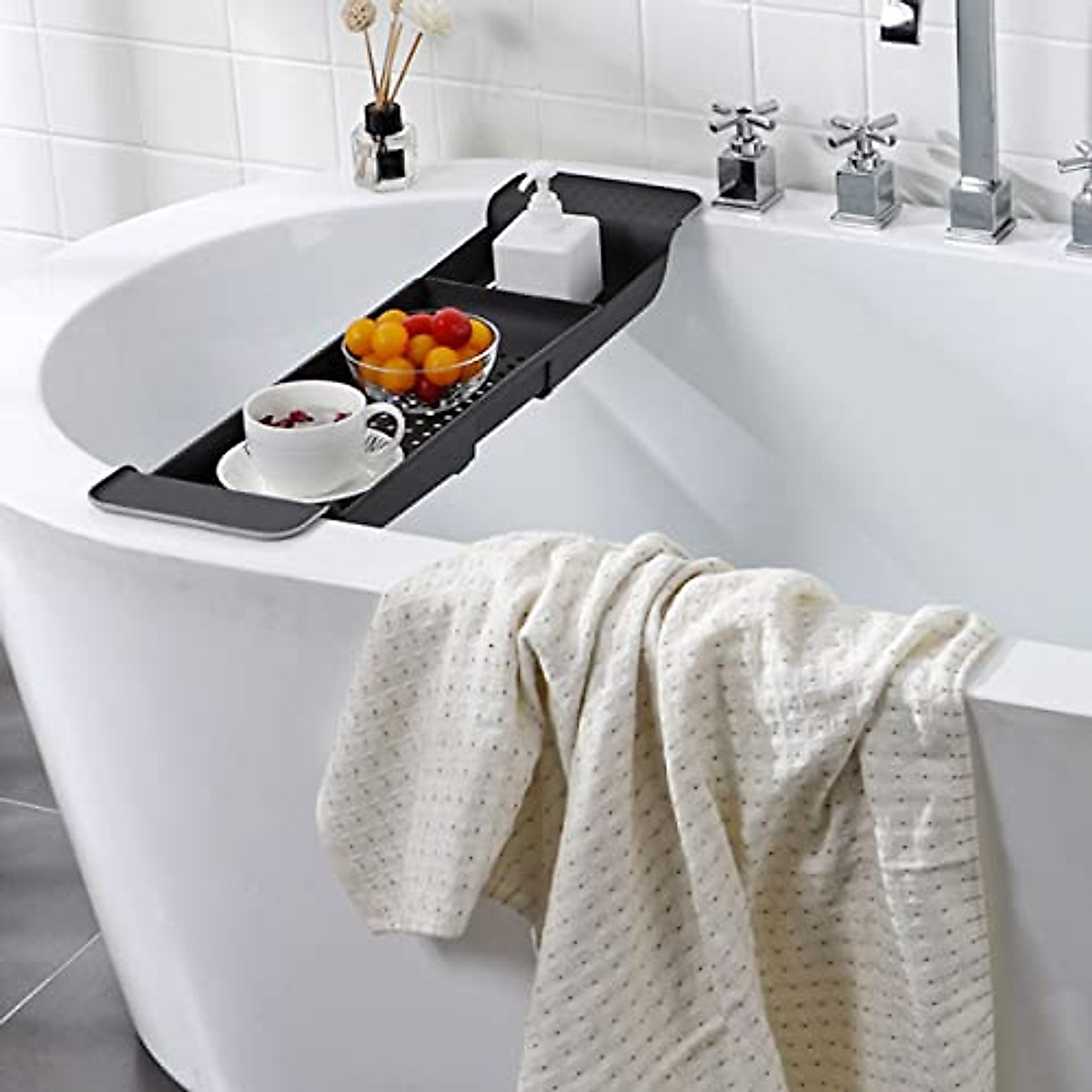 Expandable Bathtub Caddy Tray, Multifunction Bath Organizer Rack Holder for Candle Towel Book Phone Storage(White)