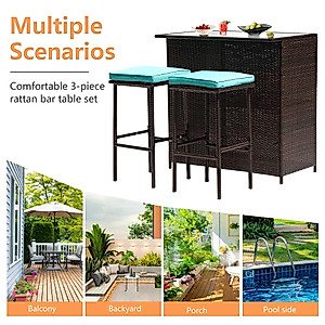 Set Of 3 Outdoor Bar Set Patio Wicker Counter Height Table Set Sturdy Frame Rattan Bar Table with Glass Table Top Storage Shelves 2 Bar Stools for Patio Poolside Porch Outdoor Indoor, Blue