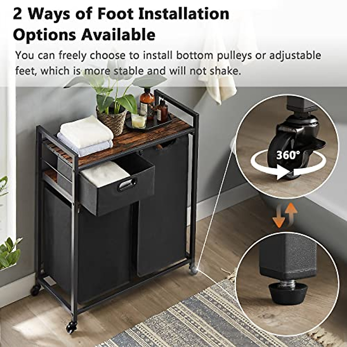 Unovivy Double Laundry Hamper with Drawer, Laundry Basket with 2 Removable Laundry Sorter Bags, Oxford Fabric, Metal Frame, Clothes Hamper for Bathroom, Dorm, Laundry Room (Rustic Brown)