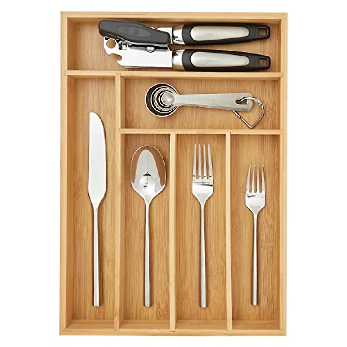 Juvale Narrow Bamboo Silverware Drawer Organizer, Wooden Cutlery Tray Holder for Kitchen, Flatware & Utensil Storage with 6 Slots, 14.5 x 10.25 x 1.75 Inches