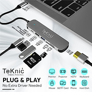 USB C HUB Adapter 6 in 1 with USB 3.0 Connections 4K-HDMI 60wPD SD/TF Card Reader Laptop Docking Station MacBook