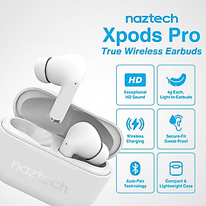 Naztech Xpods PRO - True Wireless Noise Cancelling Earbuds w/Touch Control, IPX4 Water-Resistant, HD Sound, Secure Fit for Sports, Gym Workouts & More, Includes Wireless Charging Case - White