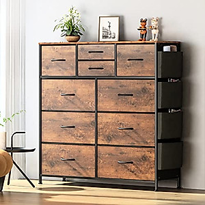 Lulive 10 Drawer Dresser, Chest of Drawers for Bedroom with Side Pockets and Hooks, Fabric Storage Dresser, Sturdy Steel Frame, Wood Top, Organizer Unit for Nursery, Hallway, Closet (Rustic Brown)