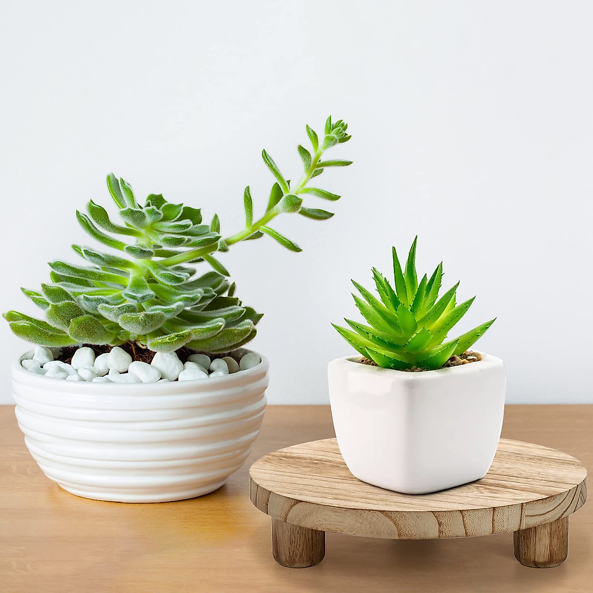 Bekith 3 Pack Wooden Stool Display Stand, Wood Stool Plant Riser, Round Small Plant Stand, Rustic Stool Flower Pot Holder, Modern Decorative Display Stand for Home Indoor and Outdoor