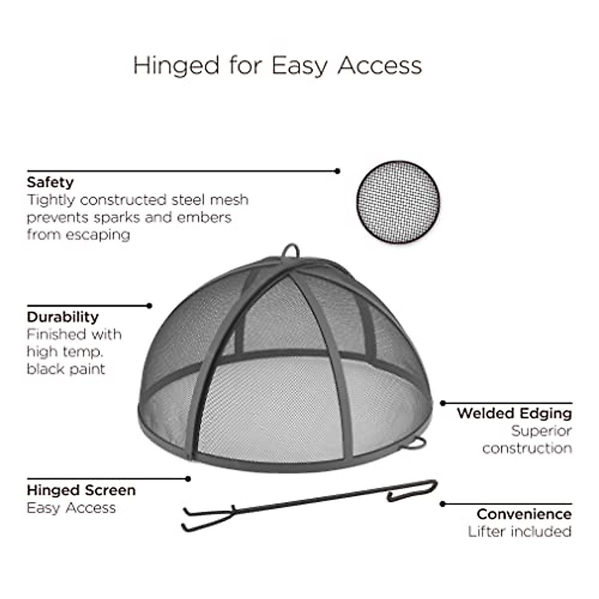 Good Directions, Inc. 7774 26" Fire Pit Lifter Tool, Heavy Duty, Hinged for Easy Access Spark Screen, Black